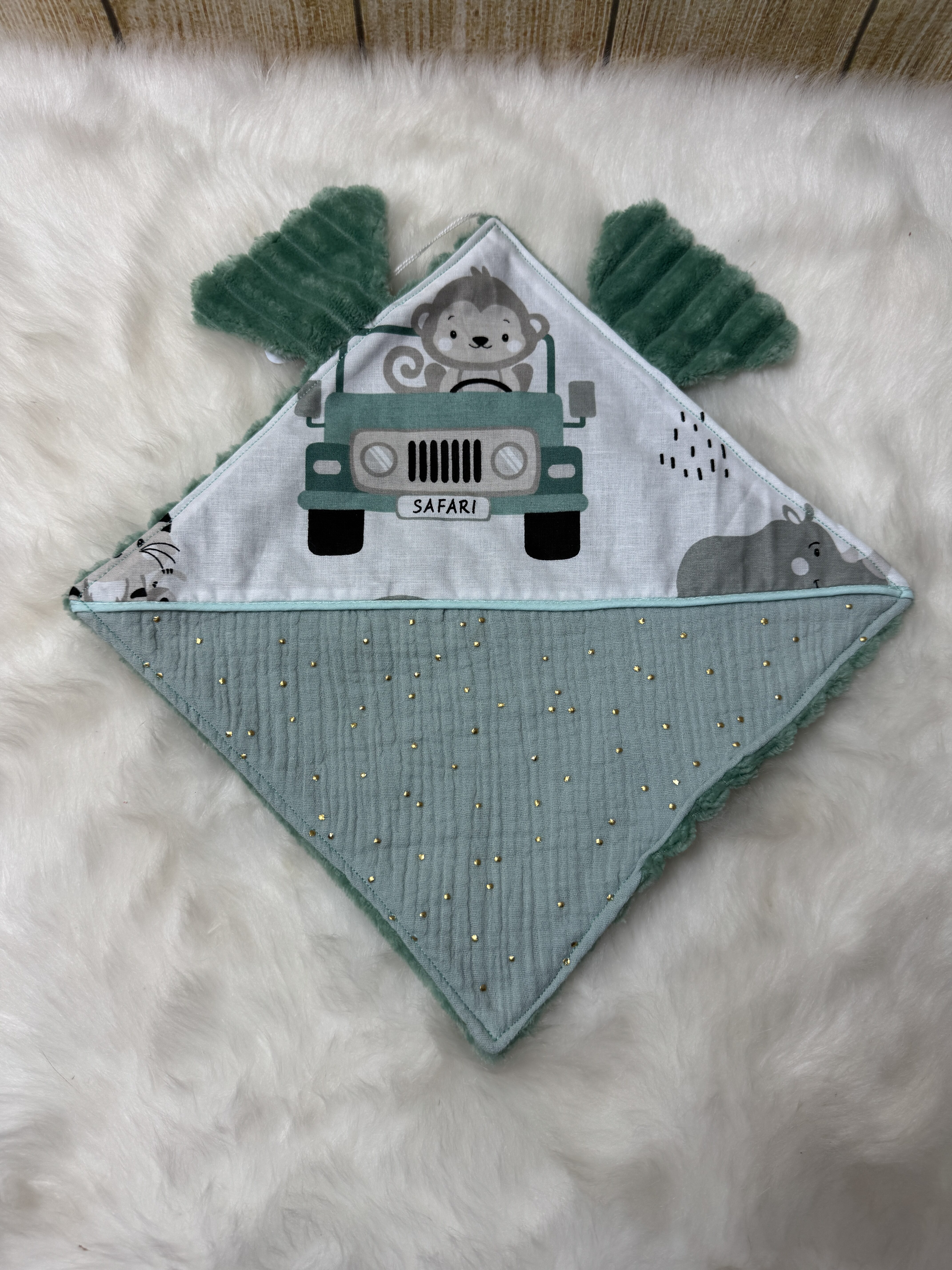 Doudou plat bébé enfant thème safari coton double gaze minky fait-main ...